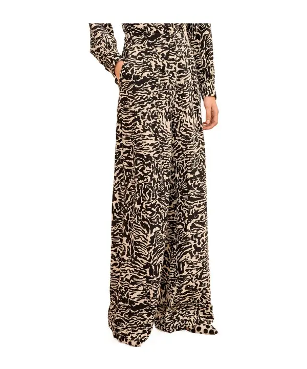 Ulla Johnson Black White Animal Print Wide Leg Silk Trousers - Sptja