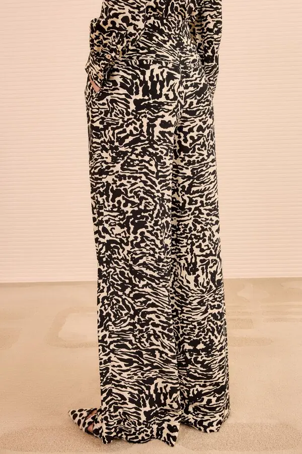 Ulla Johnson Black White Animal Print Wide Leg Silk Trousers