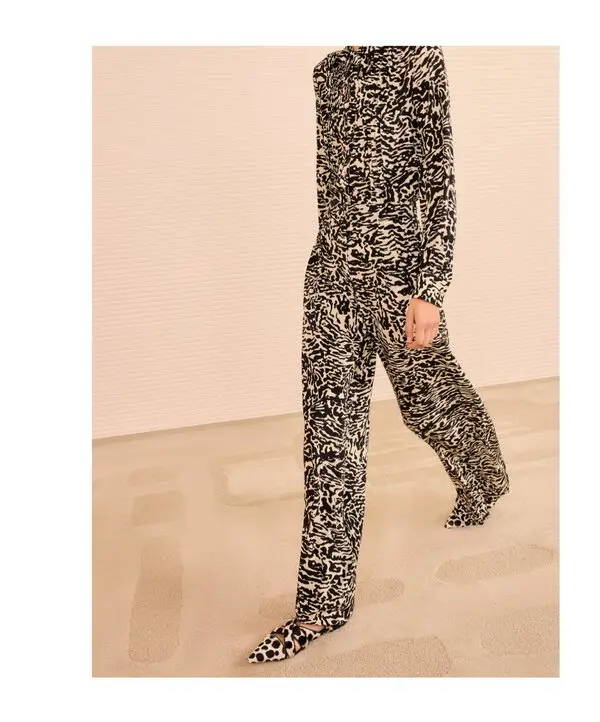 Ulla Johnson Black White Animal Print Wide Leg Silk Trousers