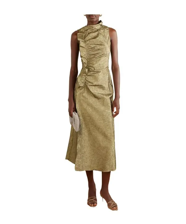 Ulla Johnson Asymmetric Ruffled Metallic Taffeta Midi Dress