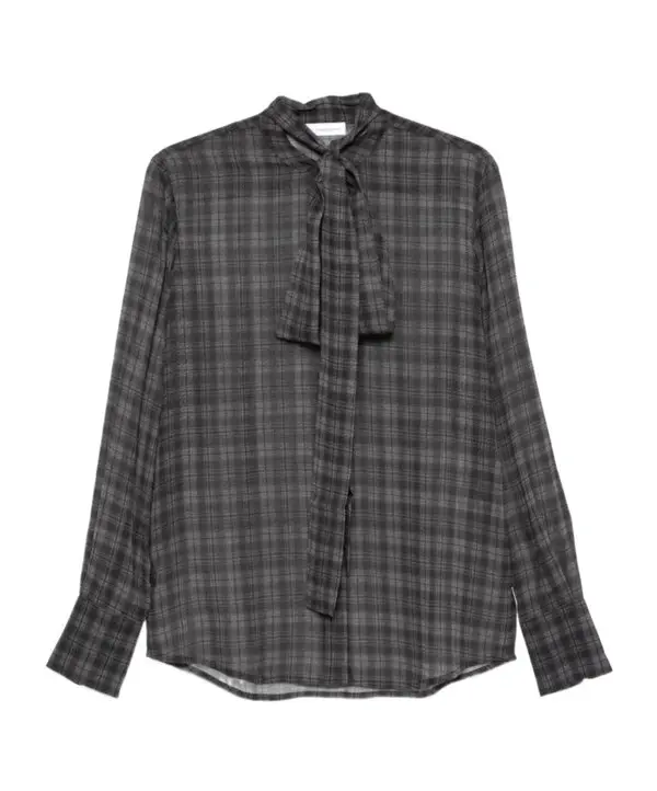 7 For All Mankind Tieneck Plaid Longsleeve Blouse - Dark Gray