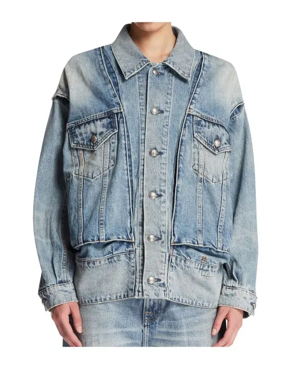 R13 Button-front Denim Jacket With Classic Collar And Drop Shoulder