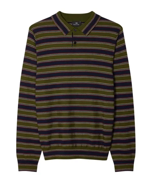 Paul Smith Merino Polo Shirt Green And Navy Stripe - Green/navy Blue