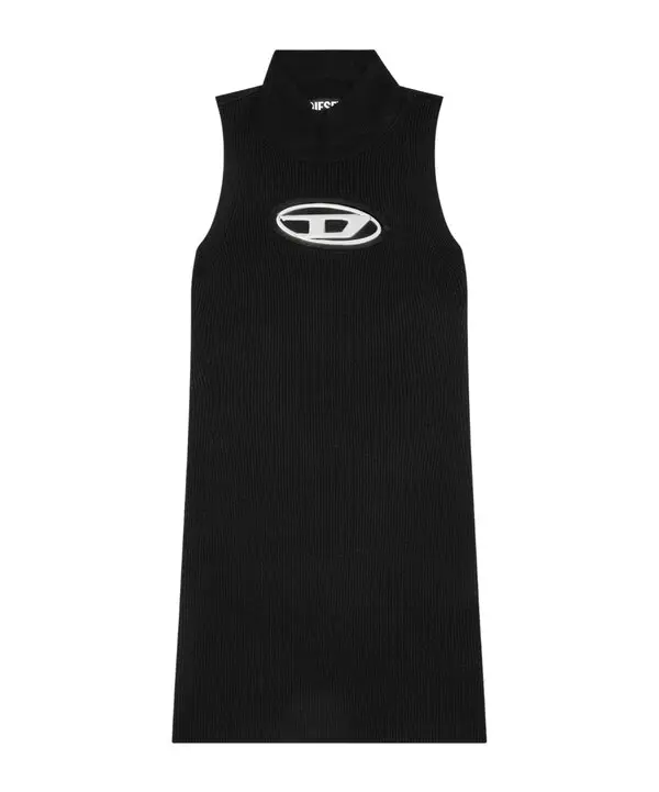 DIESEL® Ribbed Knit High Neck Mini Dress With Logo Plaque - Black