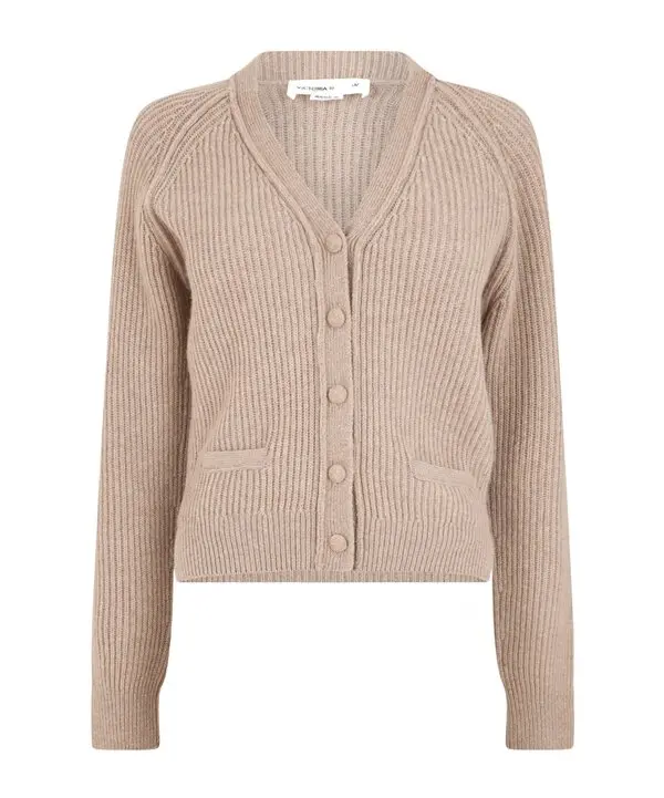 Victoria Beckham Colored Vneck Cropped Knit Cardigan - Nude