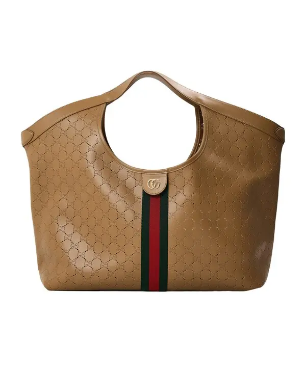 Gucci Leather Tote Bag With Embossed Geometric Motif - Brown