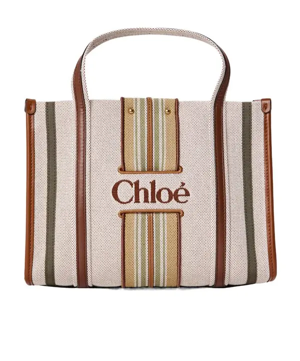 Chloé Canvas Tote Bag With Leather Trim And Embroidered Logo - Nude