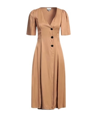 GANNI Midi Dress With V-neck And Short Sleeves - Nude