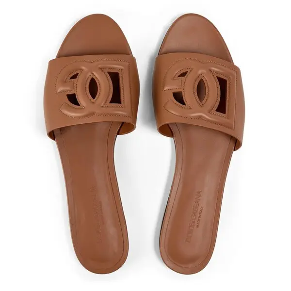 Dolce & Gabbana Bianca Calfskin Leather Cut-out Logo Slides