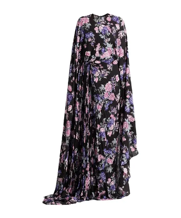 Balenciaga Floral Print V-neck Gown With Cape Effect - Black