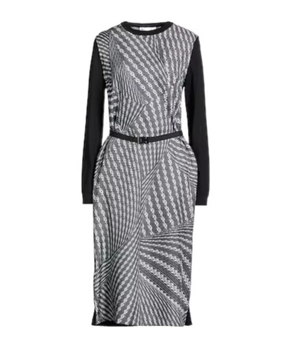 Tory Burch Midi Dress With Printed Panel And Belt - Gray