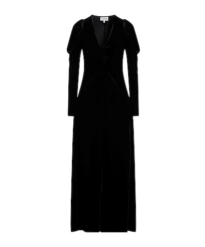 GANNI Velvet Maxi Dress With Puff Sleeves And Front Slit - Black