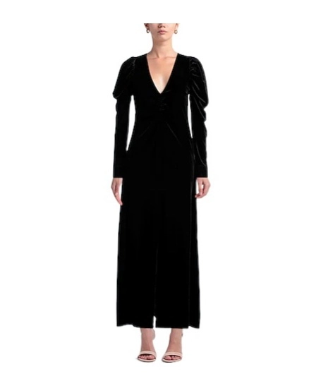 GANNI Velvet Maxi Dress With Puff Sleeves And Front Slit