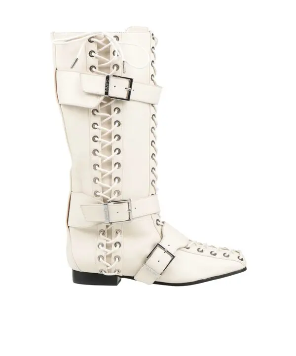 GANNI Fashion Lace-up Square-toe Boots - White