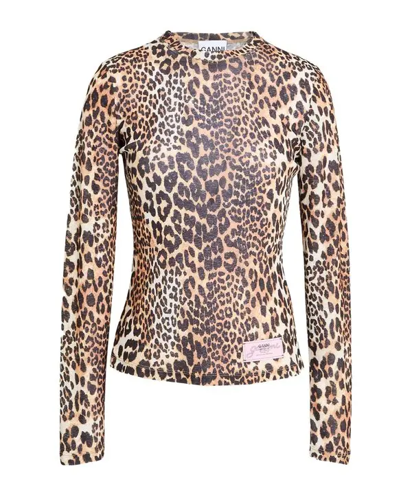 GANNI Leopard Print Long Sleeve Crewneck T-shirt - Nude