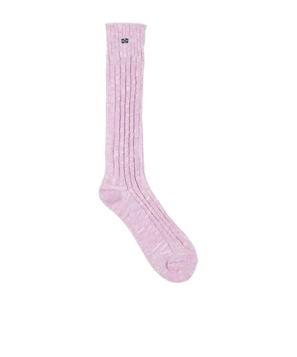 GANNI Ribbed Knit Stockings With Metallic Logo Detail - Pink