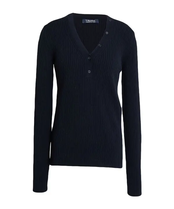 Max Mara Ribbed Henley Knit Top - Blue
