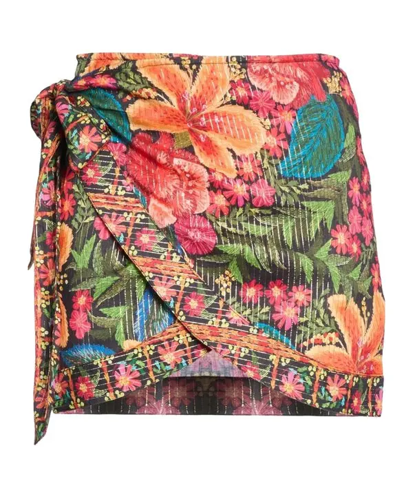 Farm Rio Floral Print Metallic Wrap Mini Skirt - Red