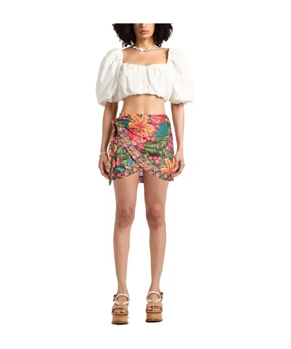 Farm Rio Floral Print Metallic Wrap Mini Skirt