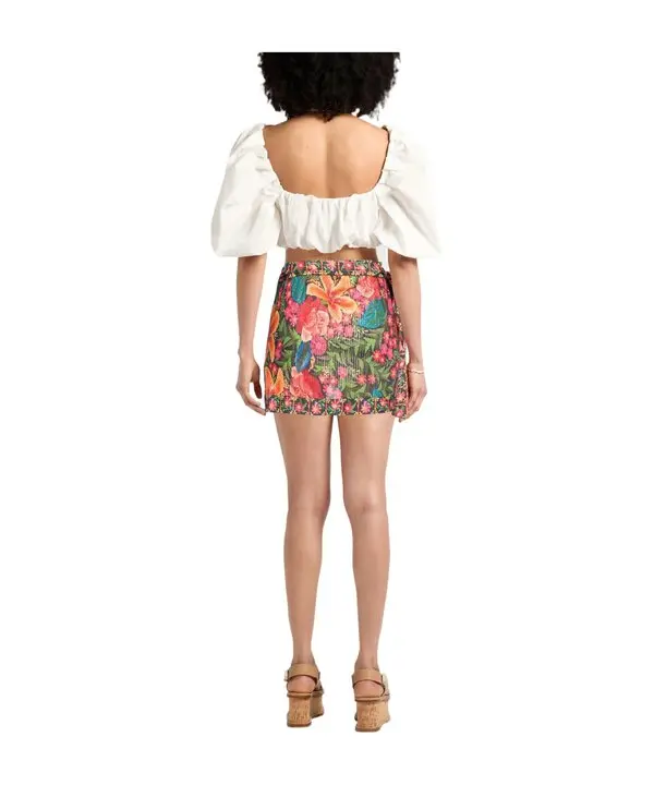 Farm Rio Floral Print Metallic Wrap Mini Skirt