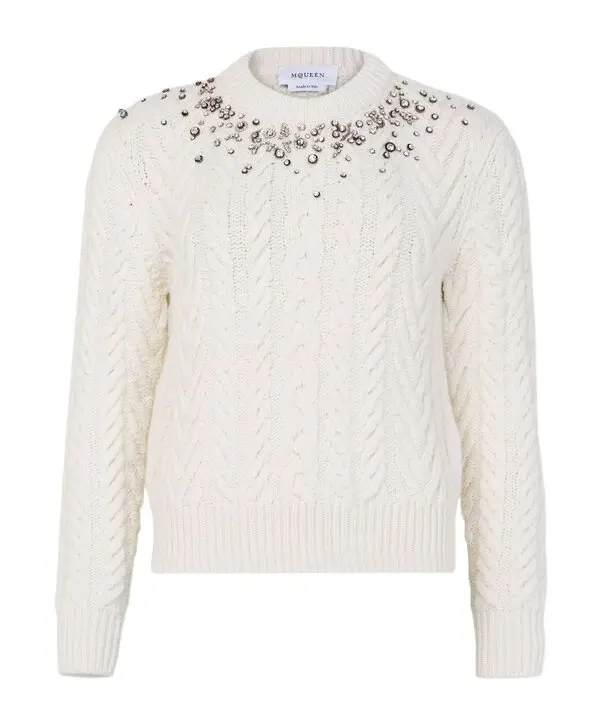 Alexander McQueen Round Neck Sweater With Crystal Embroidery - White