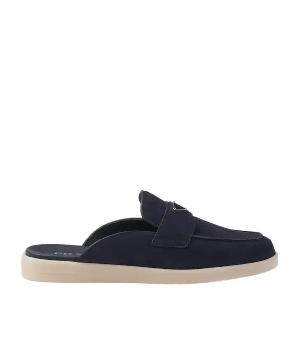 Prada Suede Sabots With Enamel Triangle Logo - Blue