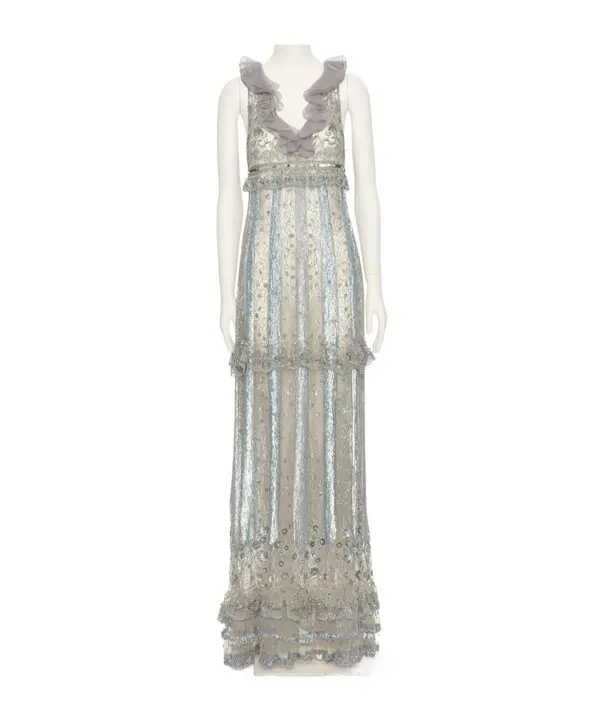 Valentino Garavani Sleeveless Embellished Ruffled Dress - Gray