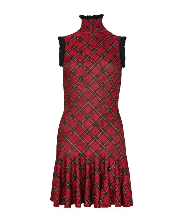 Alexander McQueen Tartan Plaid High Neck Ruffled Mini Dress - Red