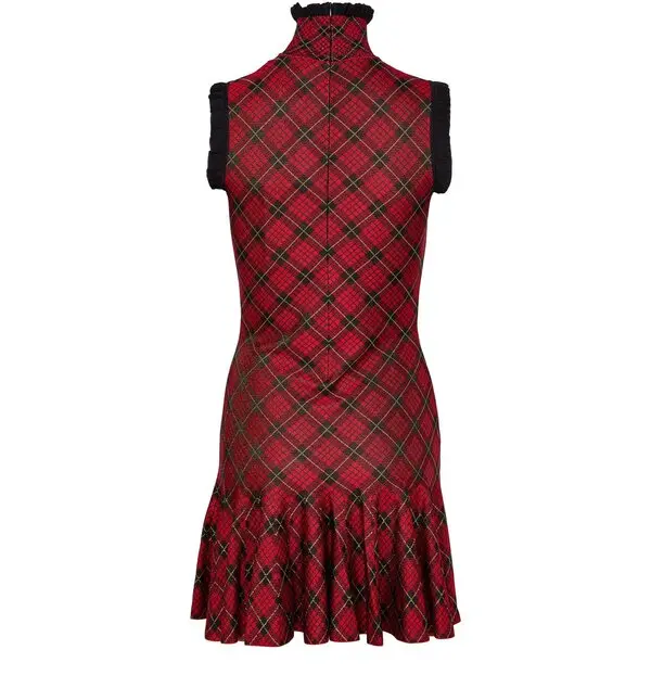 Alexander McQueen Tartan Plaid High Neck Ruffled Mini Dress