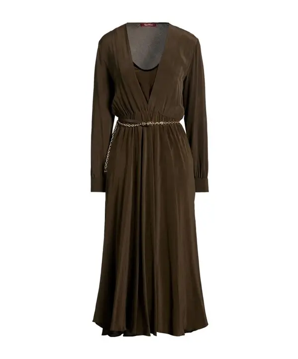Max Mara Long Sleeve V-neck Georgette Dress With Chain Belt - Green