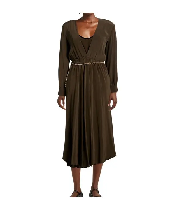 Max Mara Long Sleeve V-neck Georgette Dress With Chain Belt