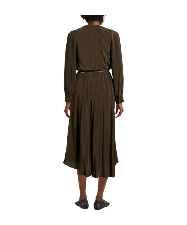 Max Mara Long Sleeve V-neck Georgette Dress With Chain Belt