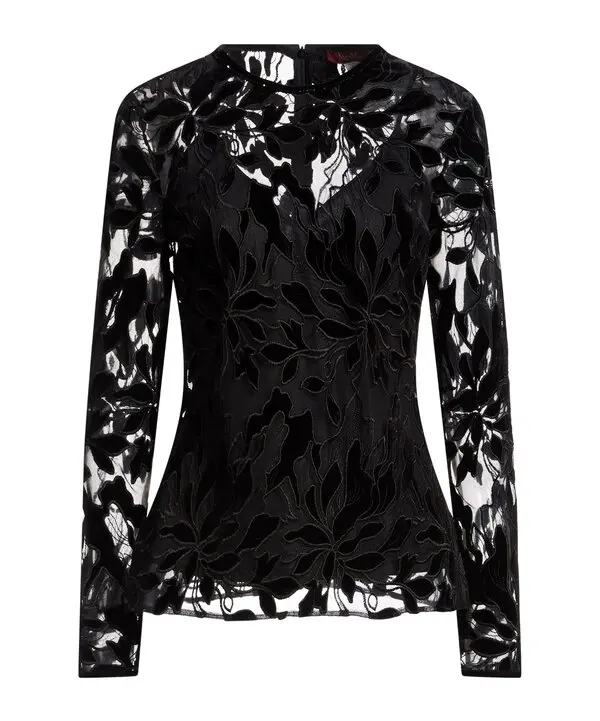 Max Mara Long Sleeve Tulle Velvet Top - Black