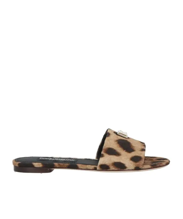 Dolce & Gabbana Leopard Woven Leather Slide Sandals - Black