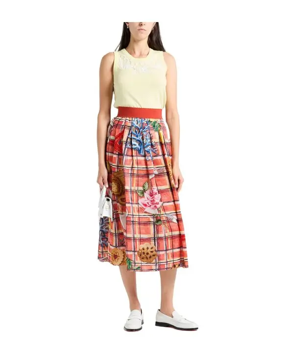 Dolce & Gabbana Midi Skirt With Tartan Print And Culinary Motifs