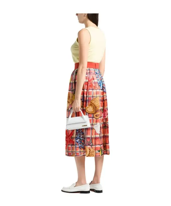 Dolce & Gabbana Midi Skirt With Tartan Print And Culinary Motifs