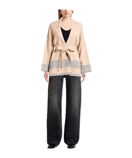 Max Mara Two-tone Intarsia Knit Long Sleeve Belted Sweater