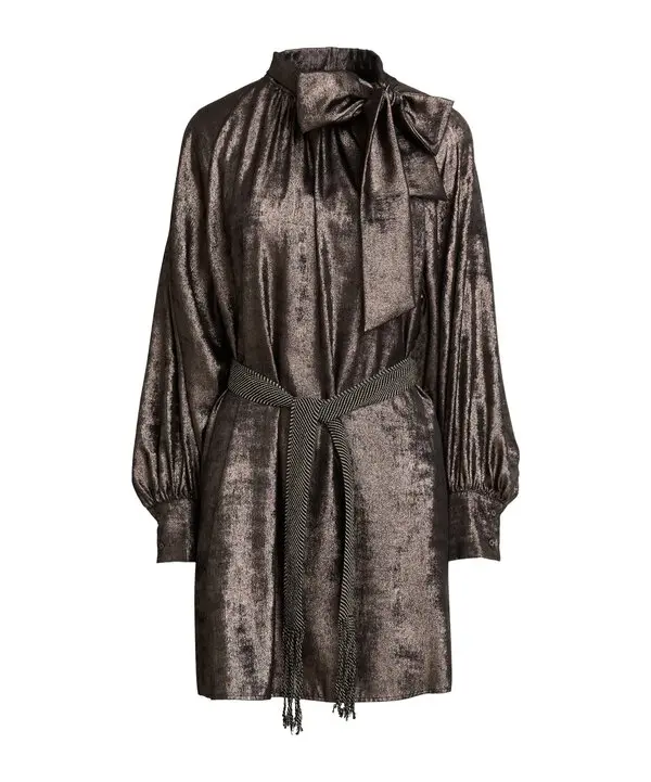 Max Mara Metallic Long Sleeve Bow Neckline Dress With Belt - Black