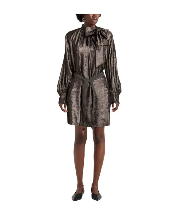 Max Mara Metallic Long Sleeve Bow Neckline Dress With Belt