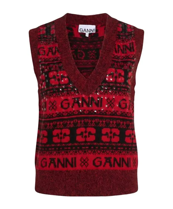 GANNI Color-block Knit Sleeveless V-neck Top With Sequins