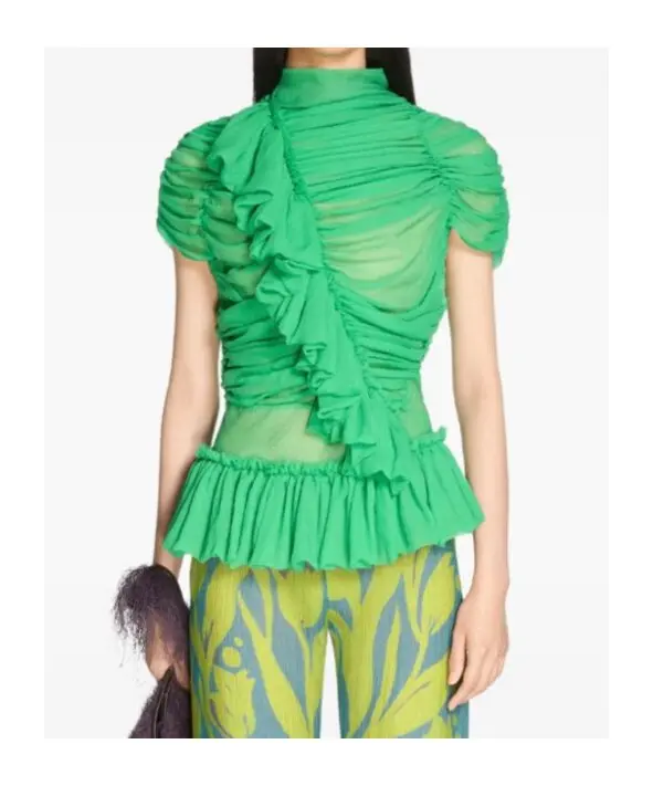 Dries Van Noten Ruffled Silk Top - Green