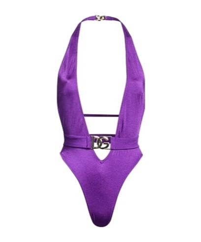 Dolce & Gabbana Halterneck One Piece Swimsuit With Logo Embellishment - Purple