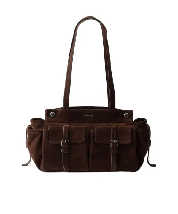 Prada Medium Suede Tote Bag - Dark Brown