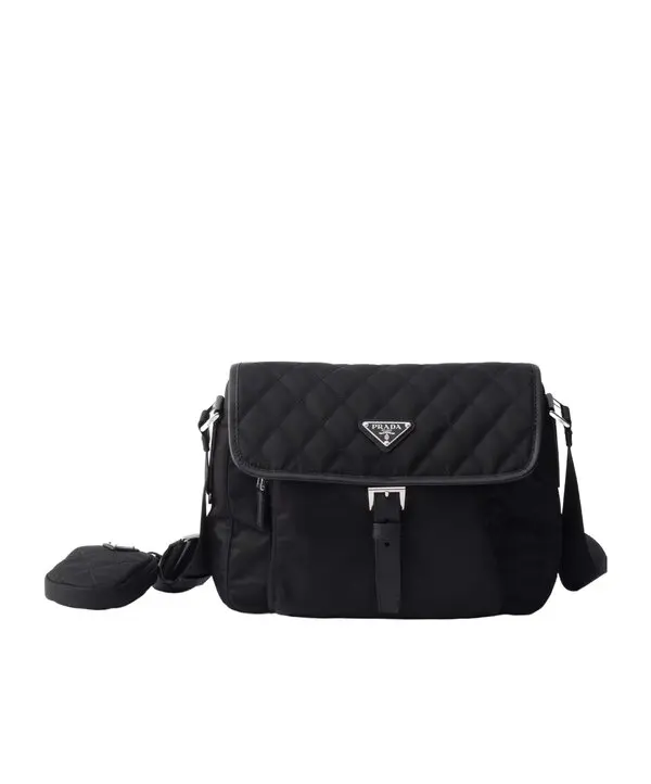 Prada Medium Quilted Re-nylon Shoulder Bag With Saffiano Leather Trim - Black