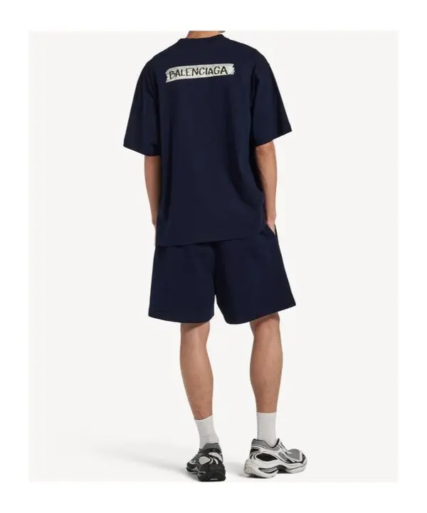 Balenciaga Masking Tape Regular Fit Shorts In Navy