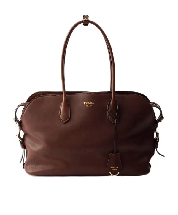 Prada Large Signet Leather Tote Bag - Cocoa