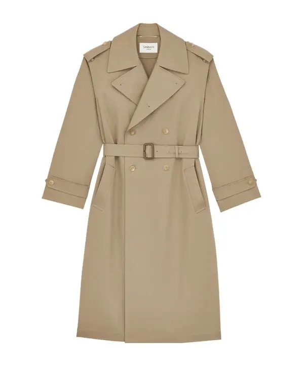 Saint Laurent Trench Coat In Bonded Cotton - Nude