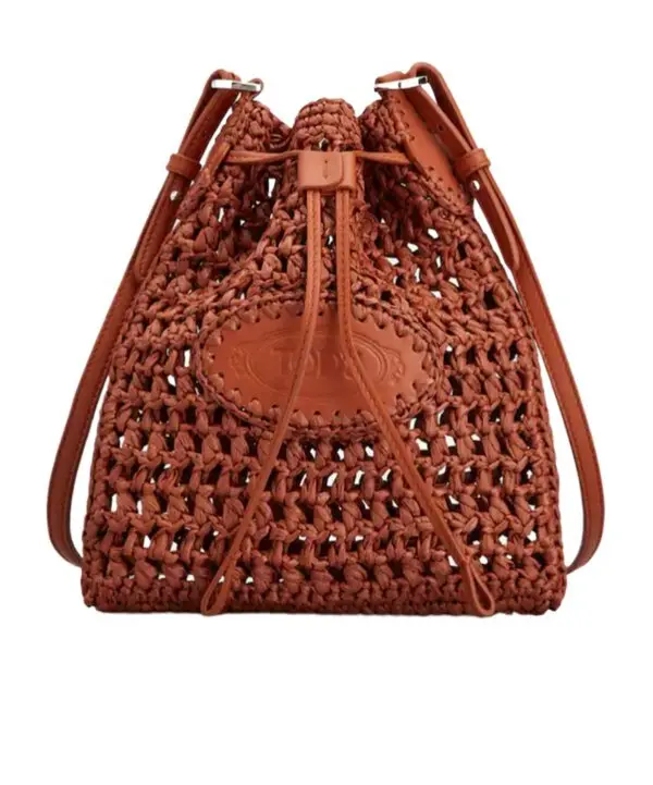 TOD'S Bucket Bag In Raffia And Leather Mini - Brown