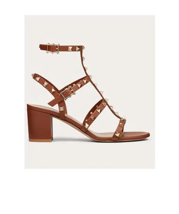 Valentino Garavani Rockstud Ankle-strap Mid Block Heel Sandals - Brown
