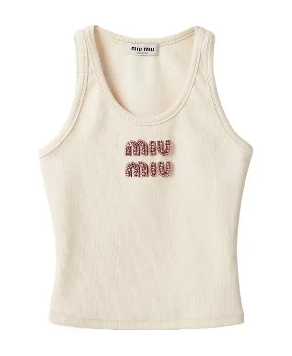 Miu Miu Ribbed Jersey Tank Top With Embroidered Logo - Nude